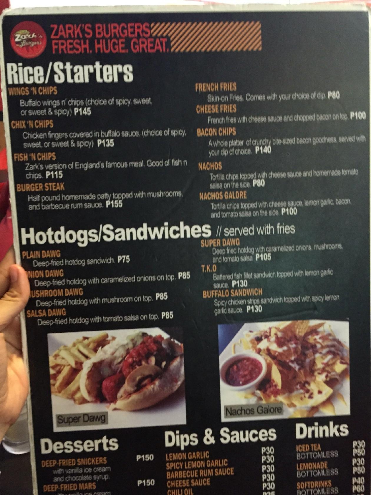 Menu at Zark's Burgers restaurant, Cebu City, SM City Cebu