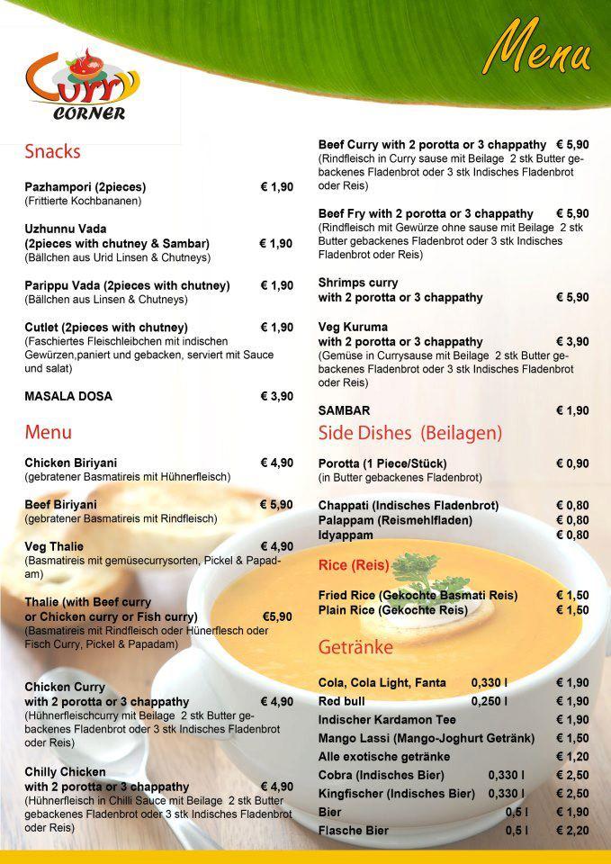 Carta del restaurante Curry Corner, Viena