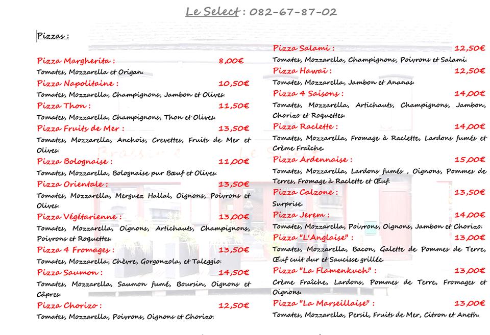 Menu at Le Select, Hastiere