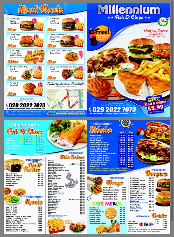 Menu at Millennium Fish & Chips restaurant, Cardiff
