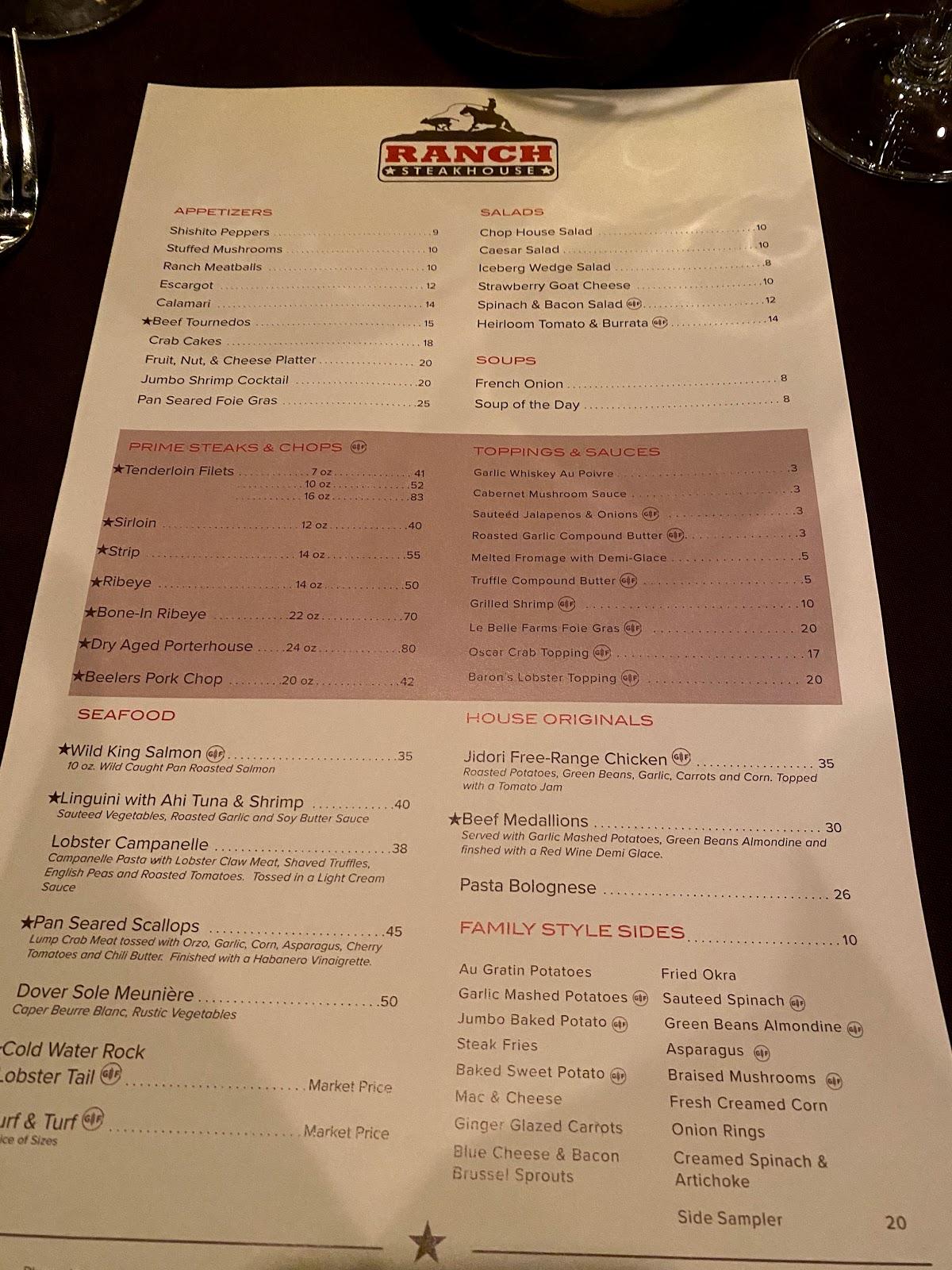 Menu at Ranch Steakhouse, Oklahoma City