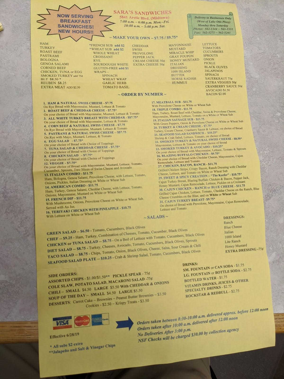 Menu at Sara's Sandwiches restaurant, Anchorage