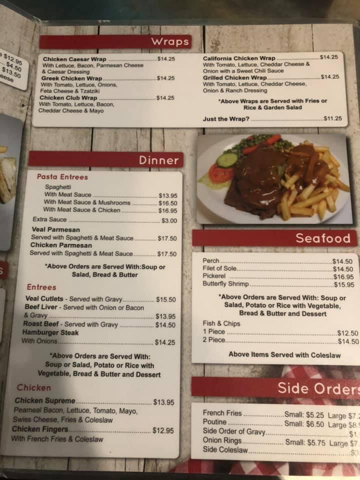 Menu at Sophia's Diner restaurant, Sarnia