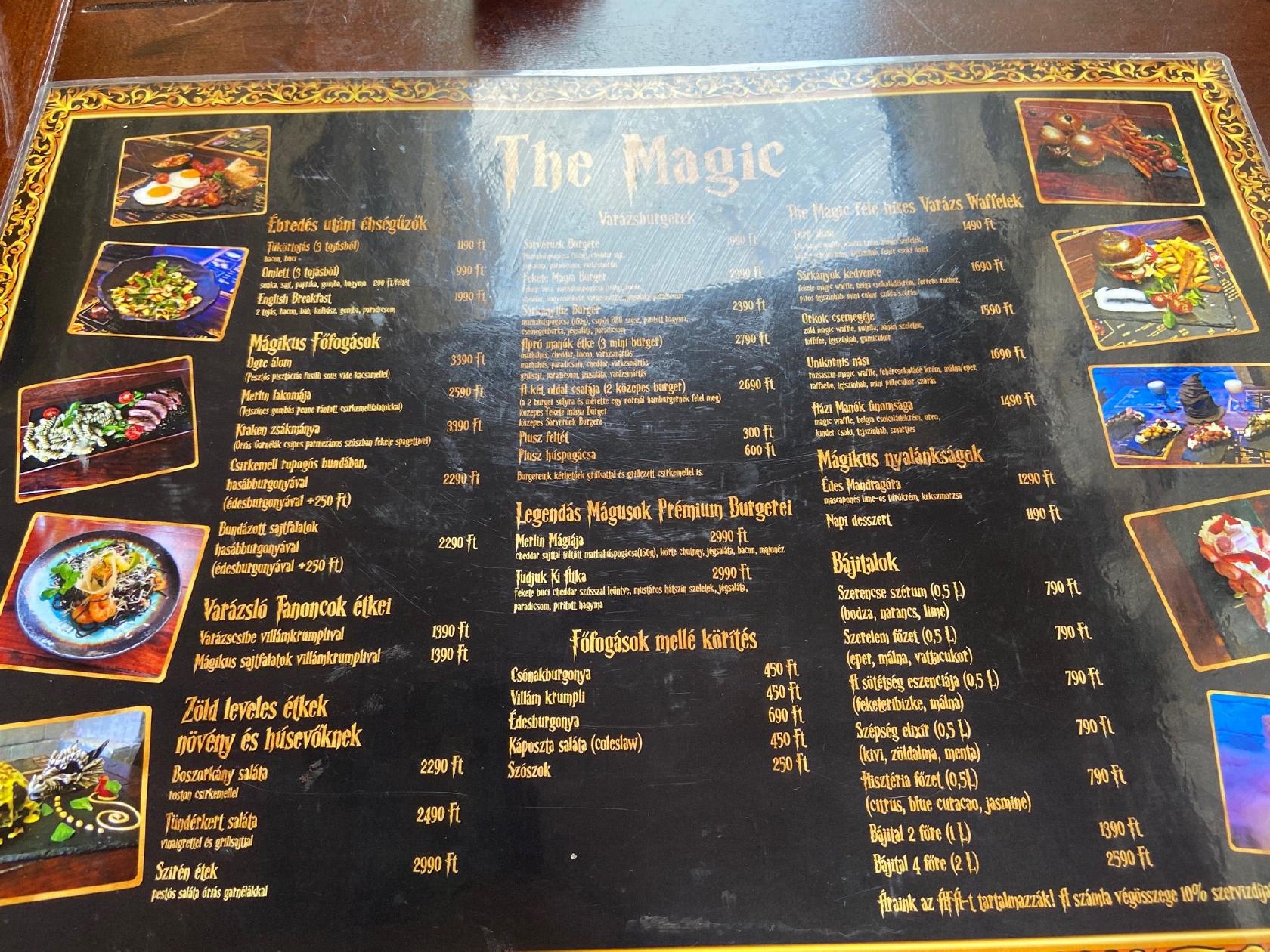 Menu at The MAGIC Budapest restaurant, Budapest