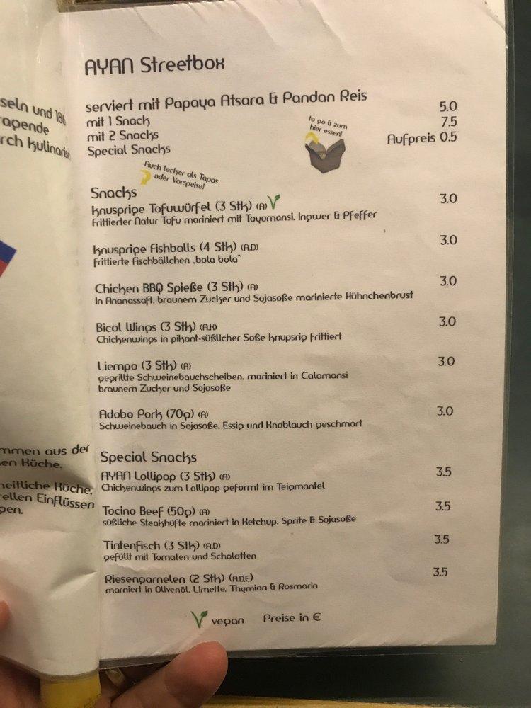 Speisekarte von AYAN filipino streetfood restaurant, Berlin