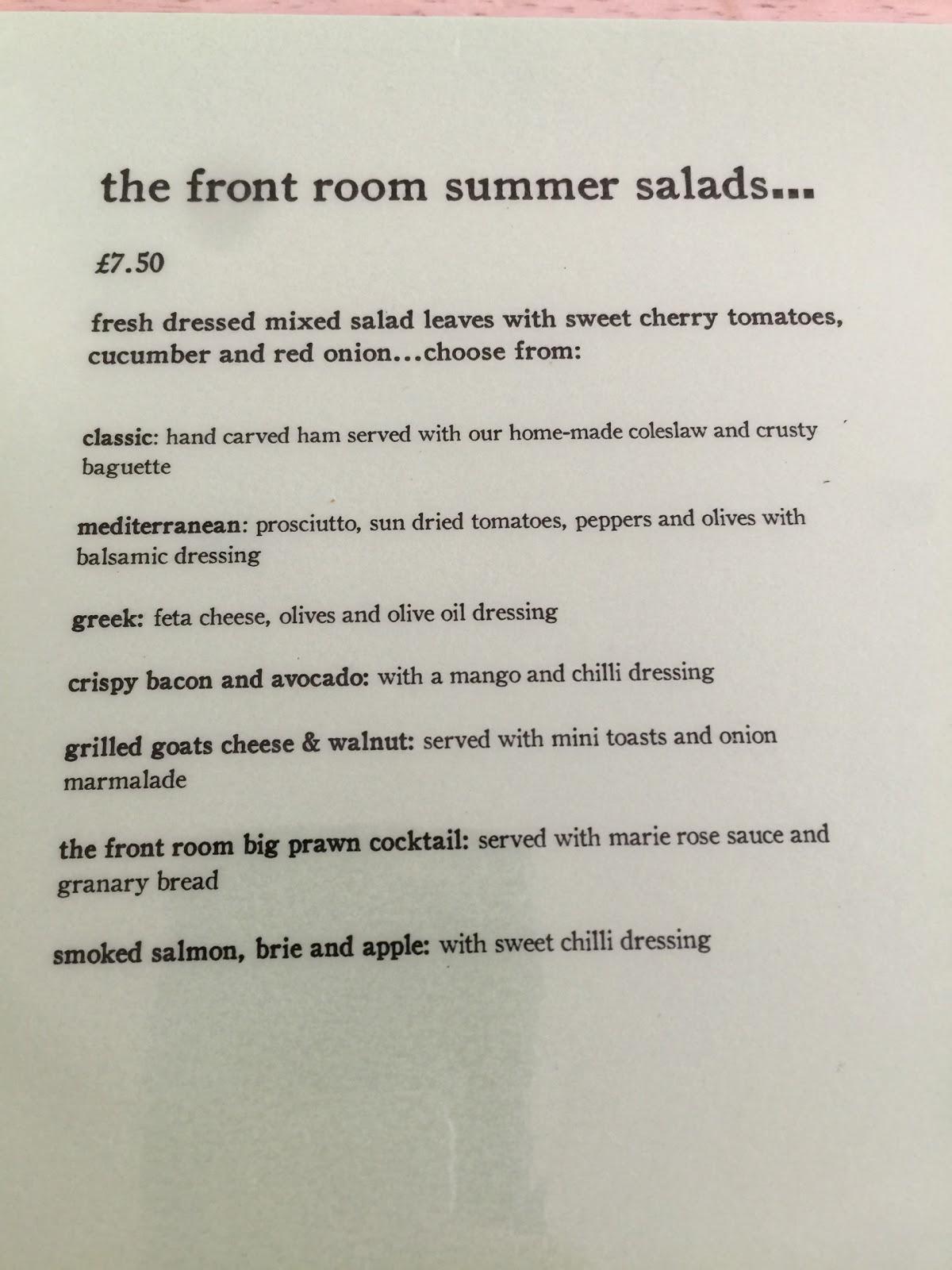 Menu at Front Room cafe, The Mumbles
