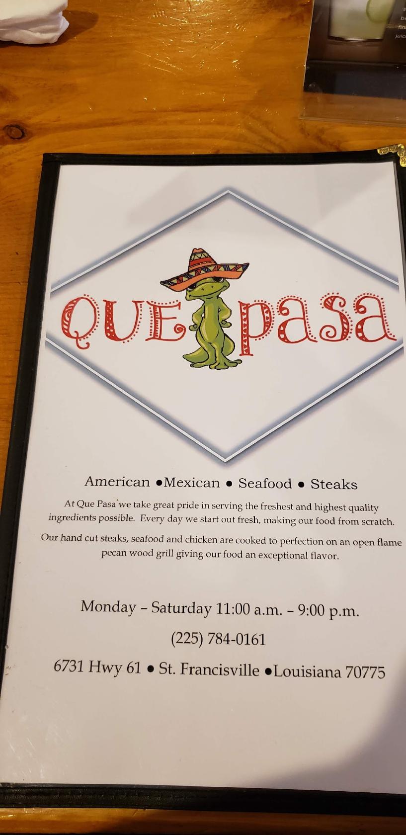 Menu at Que Pasa restaurant, Saint Francisville, US-61