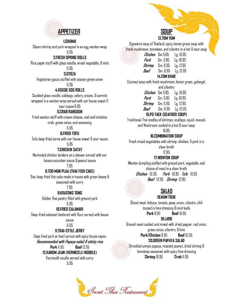 Menu at Secret Thai Restaurant, Chalmette