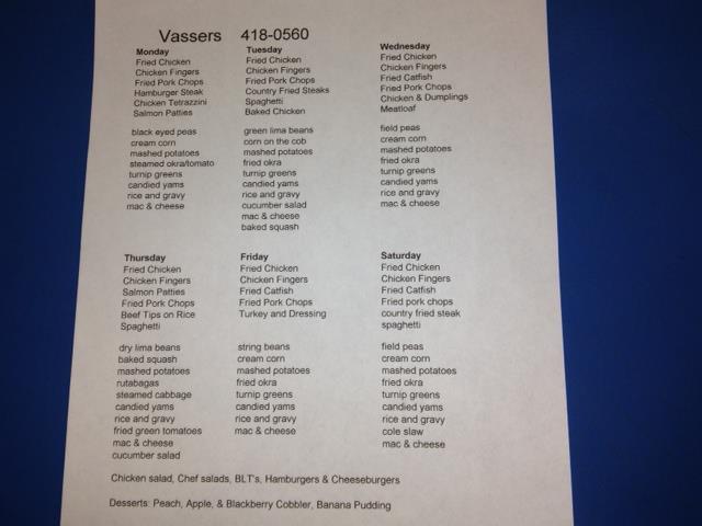 Menu at Vasser's Mini Mart restaurant, Selma