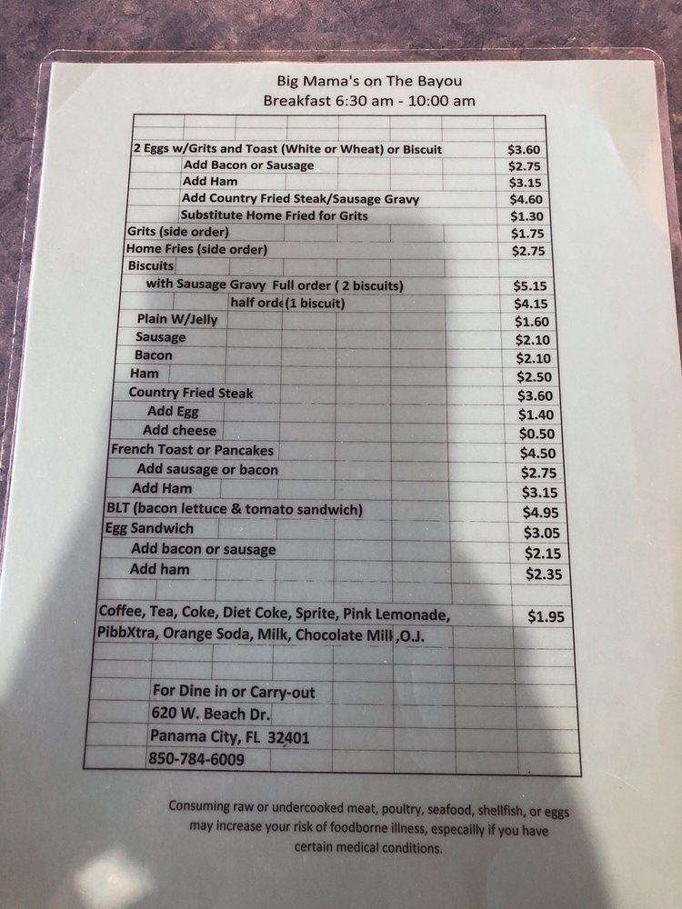 Menu at Big Mama's Country Cooking restaurant, Panama City, 620 W Beach Dr