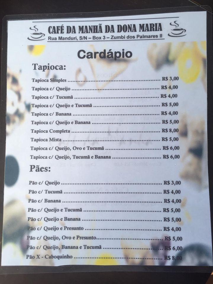 Menu at Café da Dona Maria, Manaus
