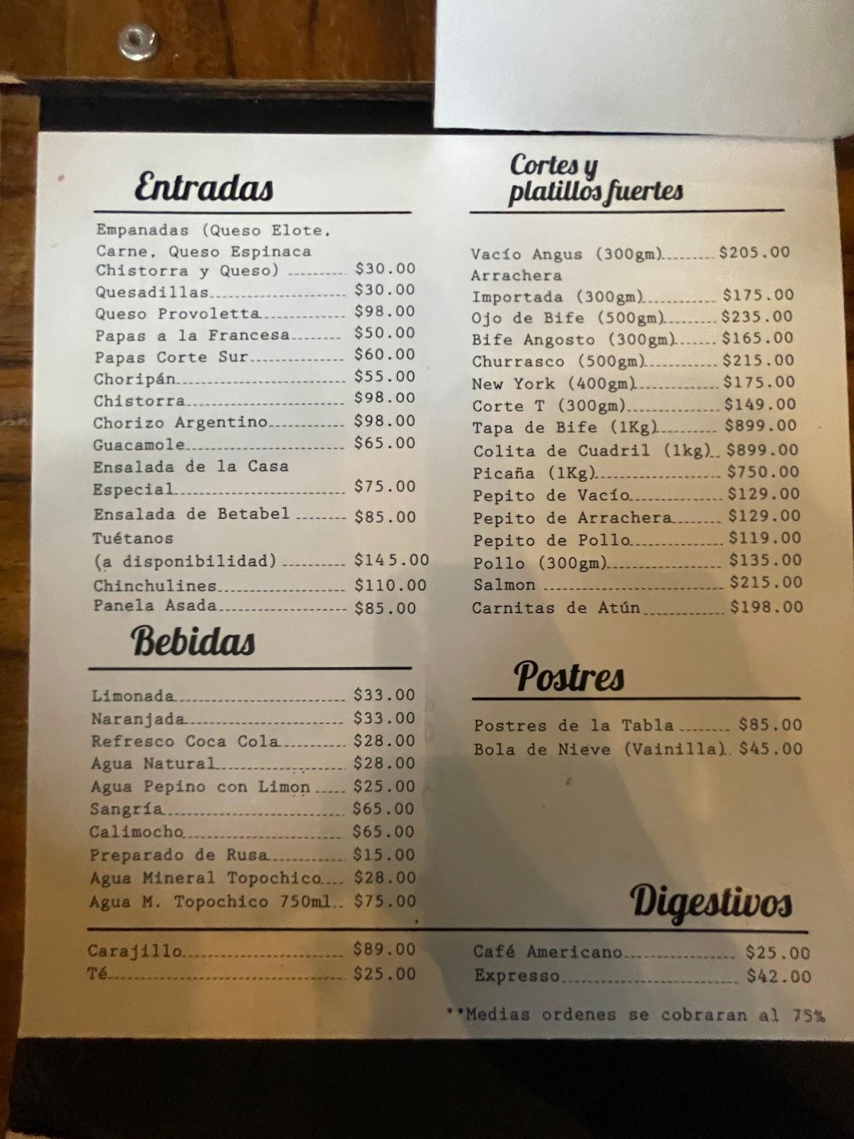Menu at Corte Sur Parrilla, Guadalajara