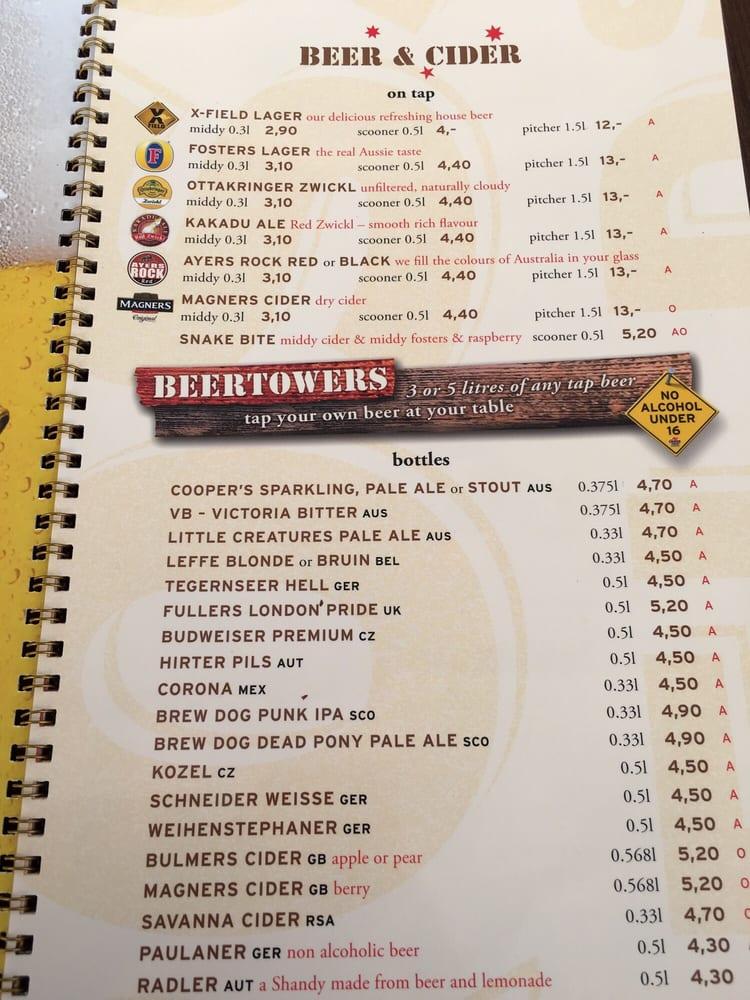 Menu at Crossfield's Australian Pub, Vienna