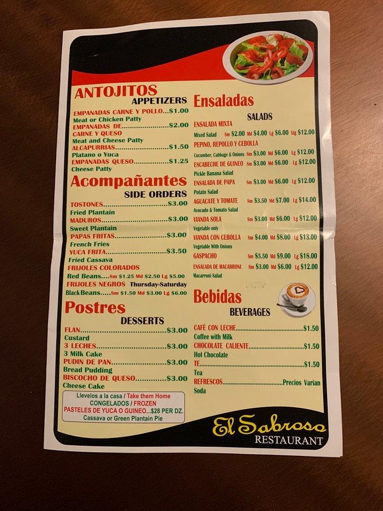 Menu at El Sabroso restaurant, Jersey City