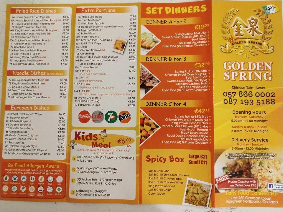 Menu at Golden Spring Chinese Takeaway Portlaoise restaurant, Portlaoise