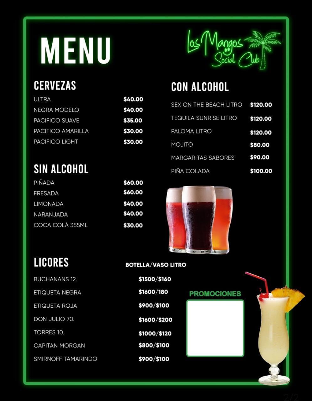 Menu at Mangos social club, Mazatlán