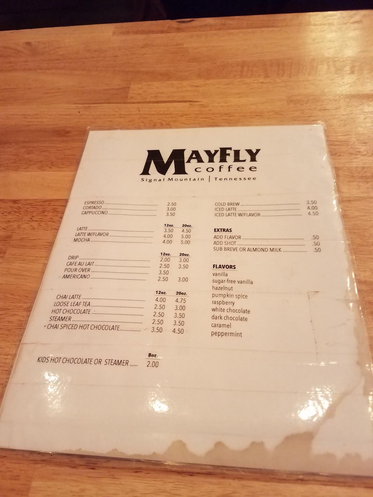 Menu at Mayfly Coffee cafe, Signal Mountain
