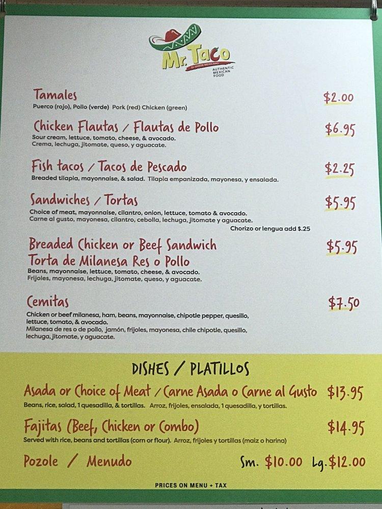 Menu at Mr Taco restaurant, Meriden, 69 Miller St