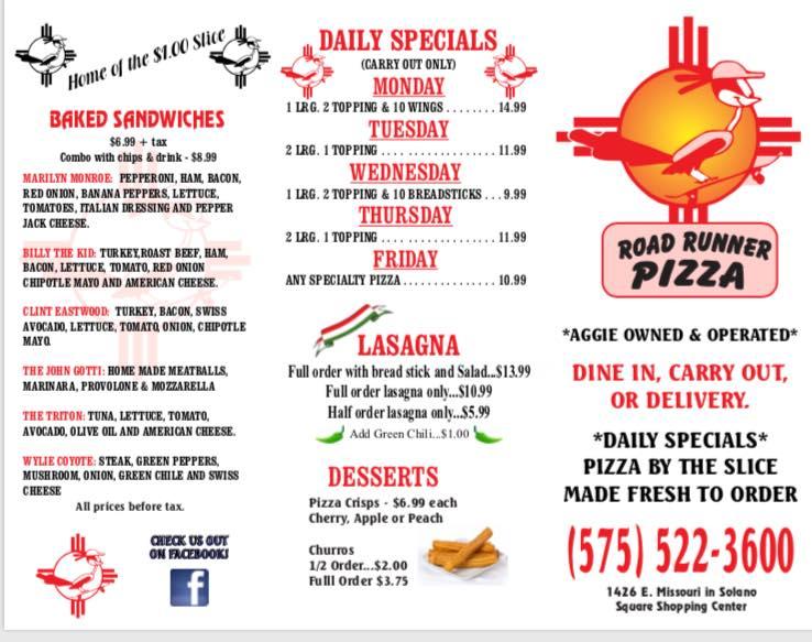 Menu at Roadrunner Pizza pizzeria, Las Cruces