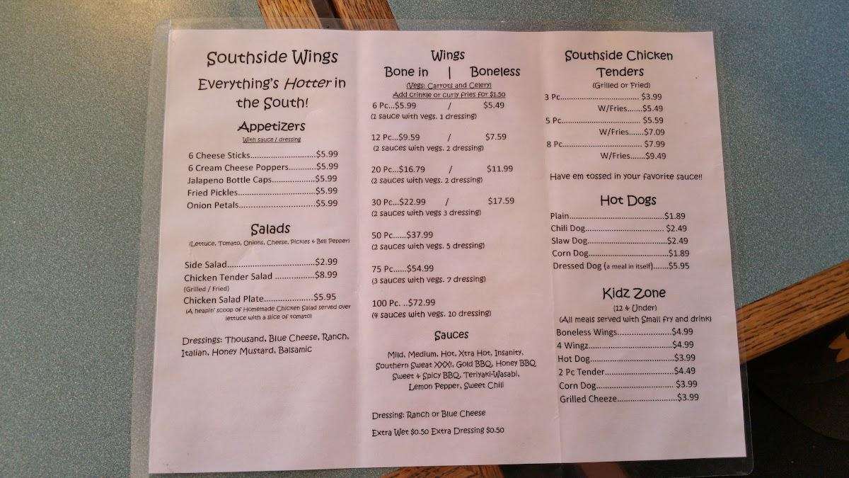 Menu at Southside Wings restaurant, Thomaston