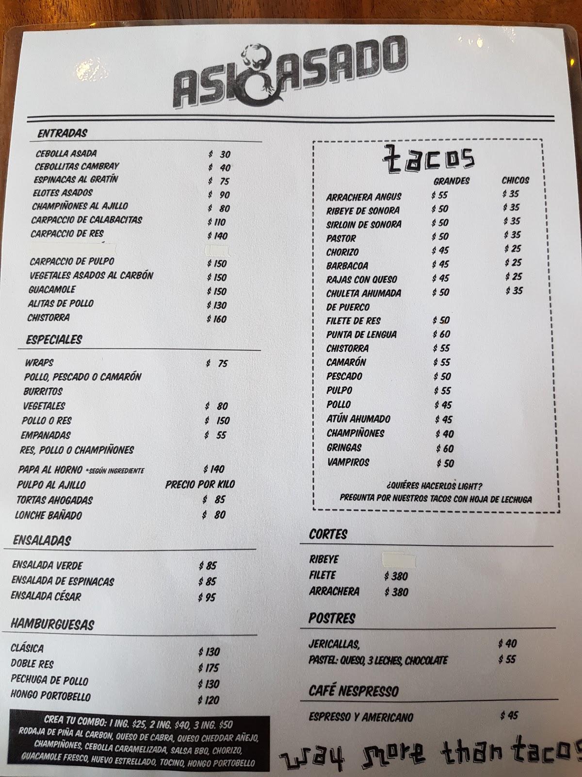 Carta del restaurante Así y Asado, Cabo San Lucas, Carretera ...