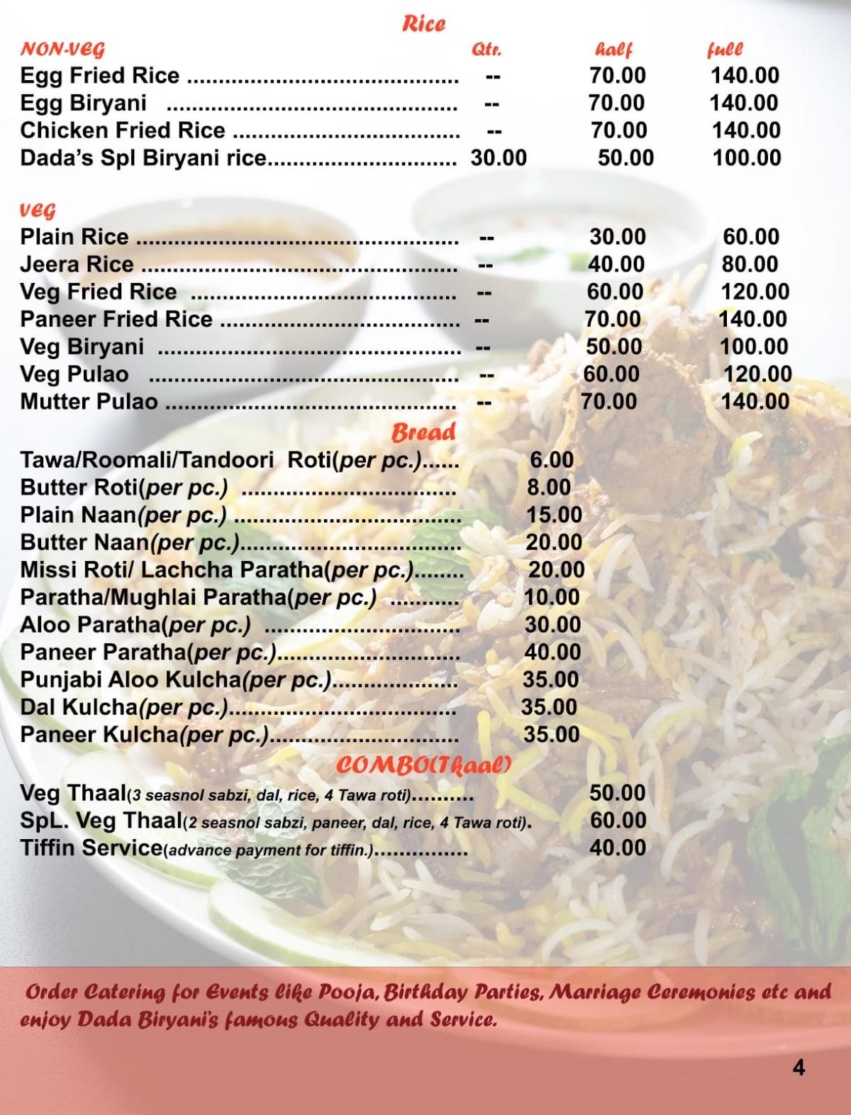 Menu at Dada Biryani Corner, Lucknow, Utrathia