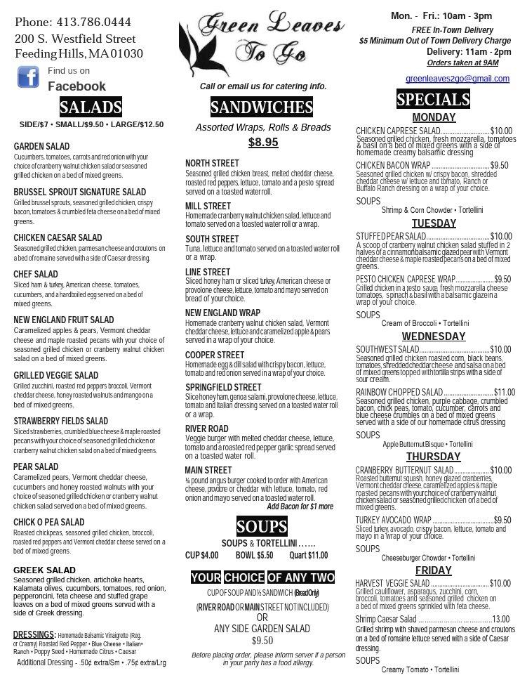 Carta del restaurante Green Leaves To Go, Agawam, 200 S Westfield St