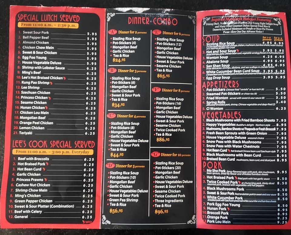 Menu at Lee’s China restaurant, Texarkana, Mall Dr