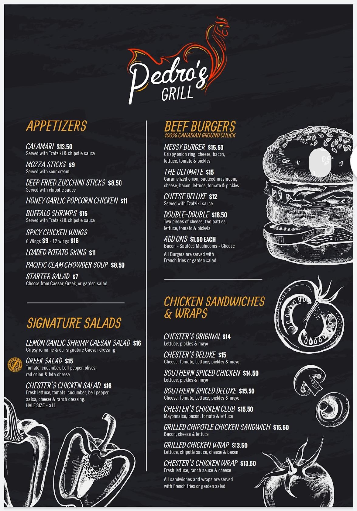 Menu at Pedro's Grill restaurant, Kitimat