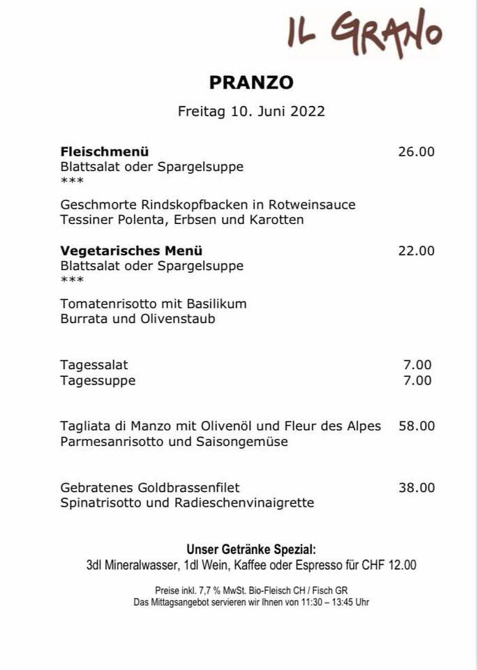 Menu da Restaurant IL GRANO, Büren an der Aare, Ländte 38