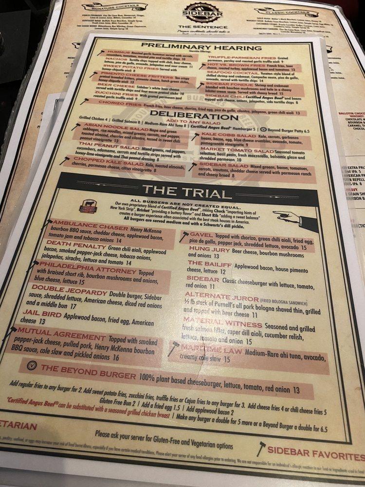 Menu at Sidebar At Whiskey Row, Louisville