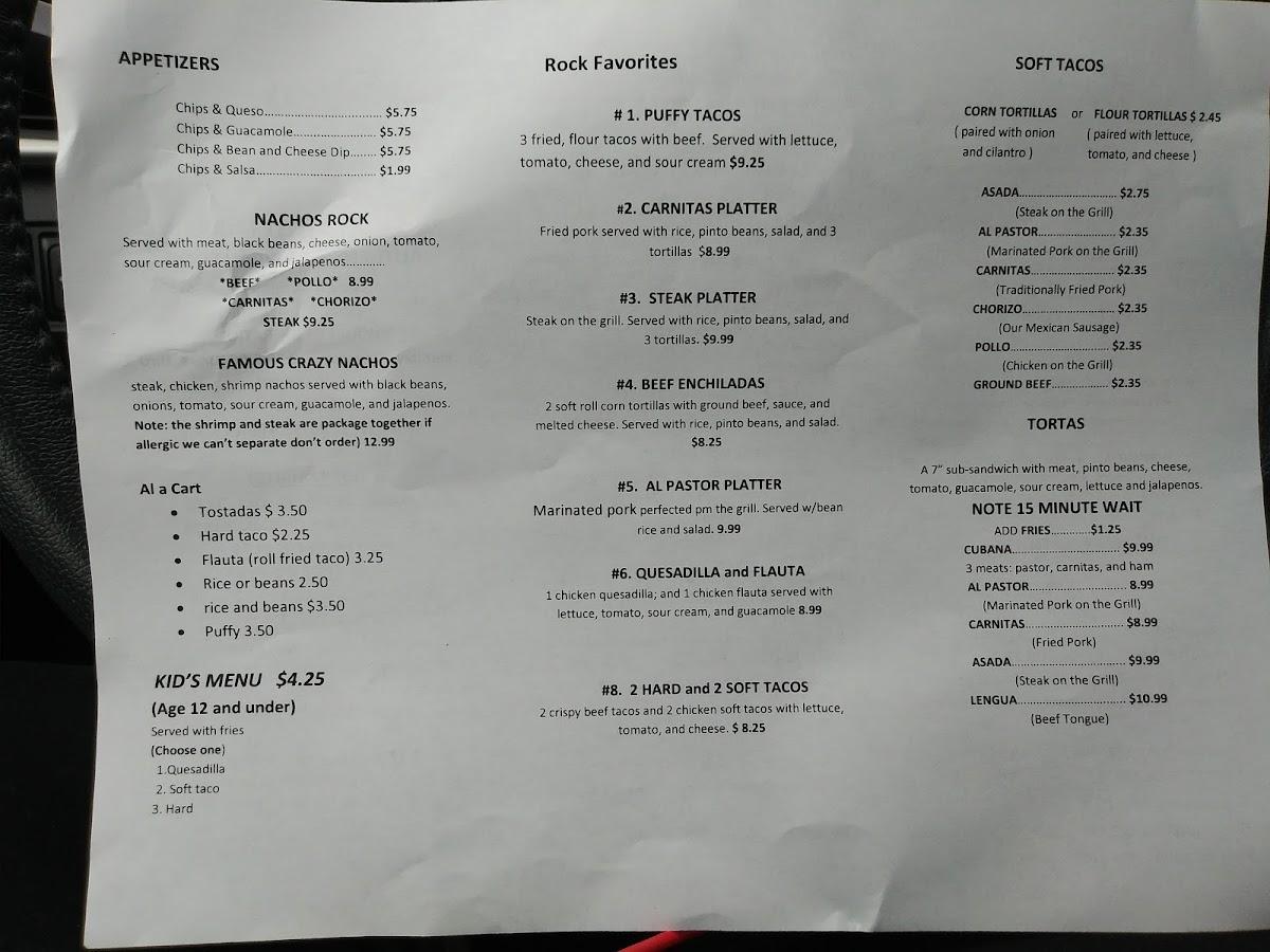 Menu at Taco Rock 29 restaurant, Pensacola, Pensacola Blvd