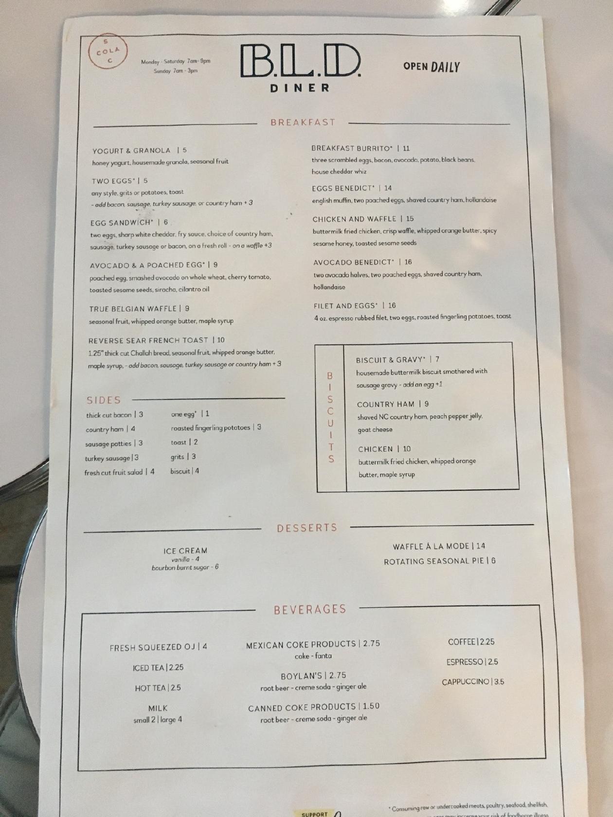 Menu at BLD Diner restaurant, Columbia