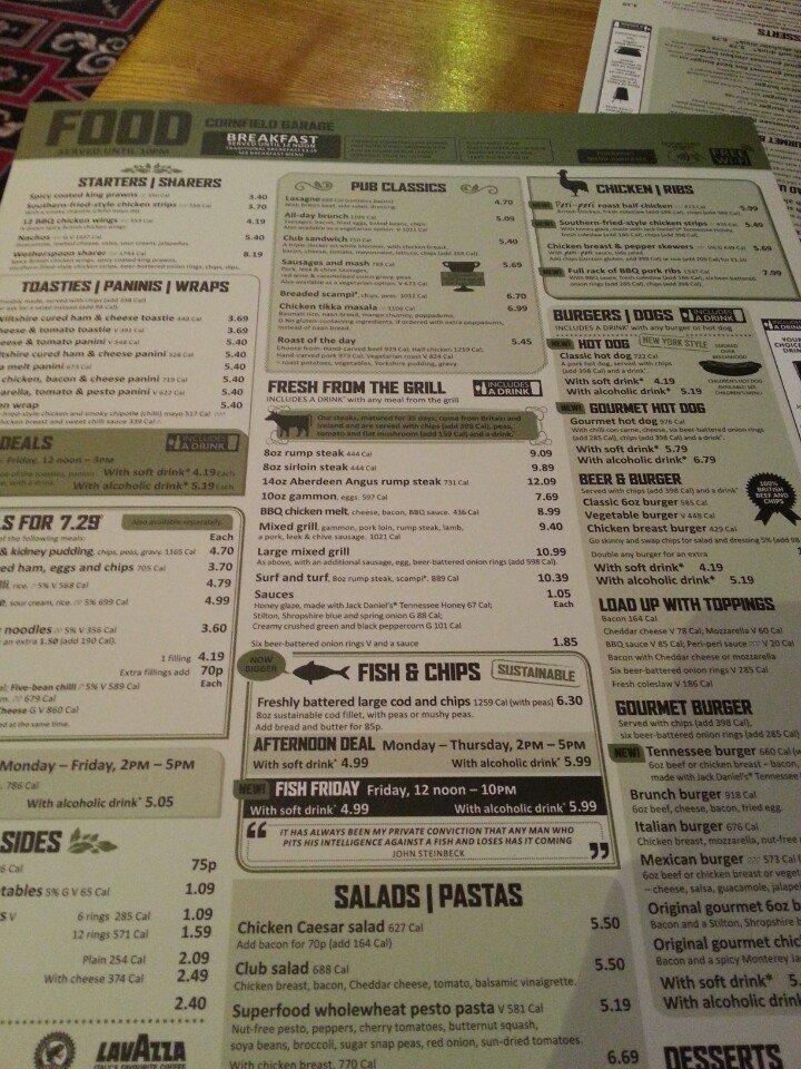 Menu at The Cornfield Garage - JD Wetherspoon pub & bar, Eastbourne