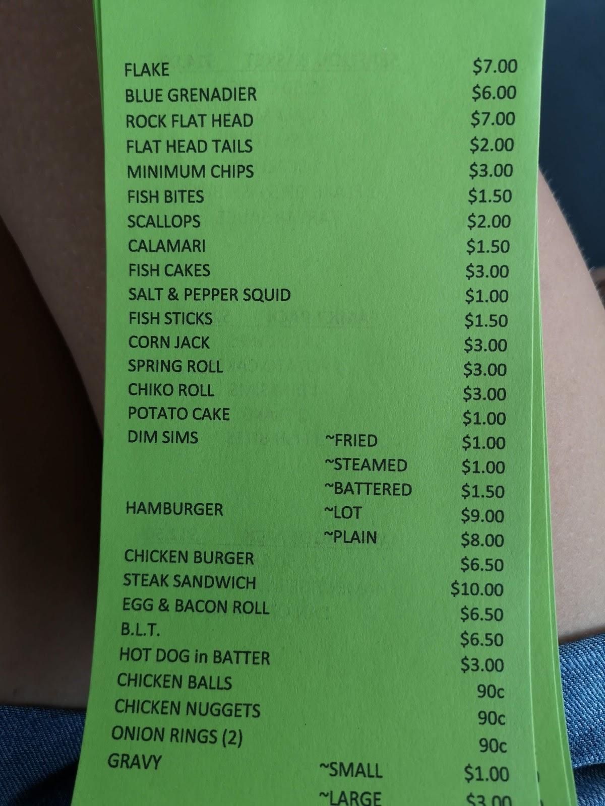 Menu at Fish Bits fast food, Trafalgar