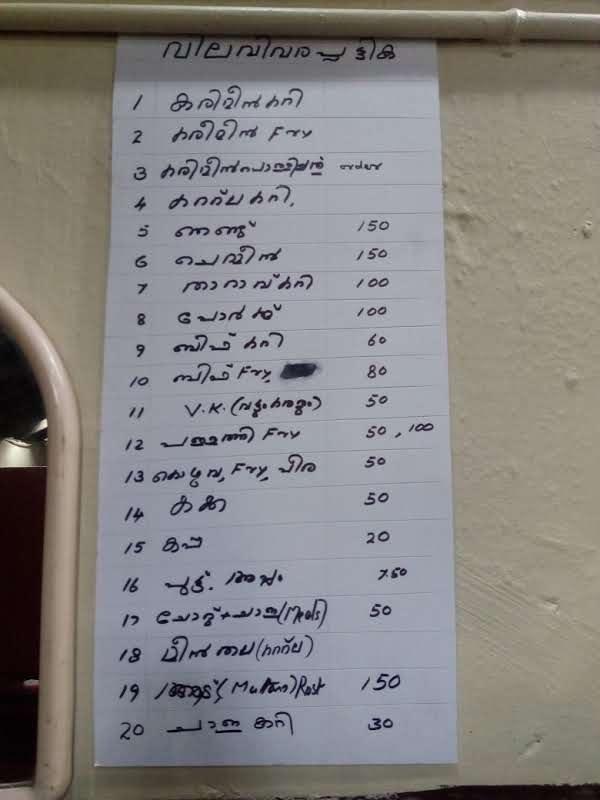 Menu at Chanakyans Kidangu Toddy Shop, Ernakulam