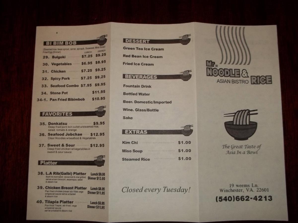 Menu at Mr Noodle & Rice restaurant, Winchester