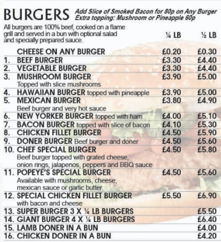 Menu at Popeye's fast food, Salisbury