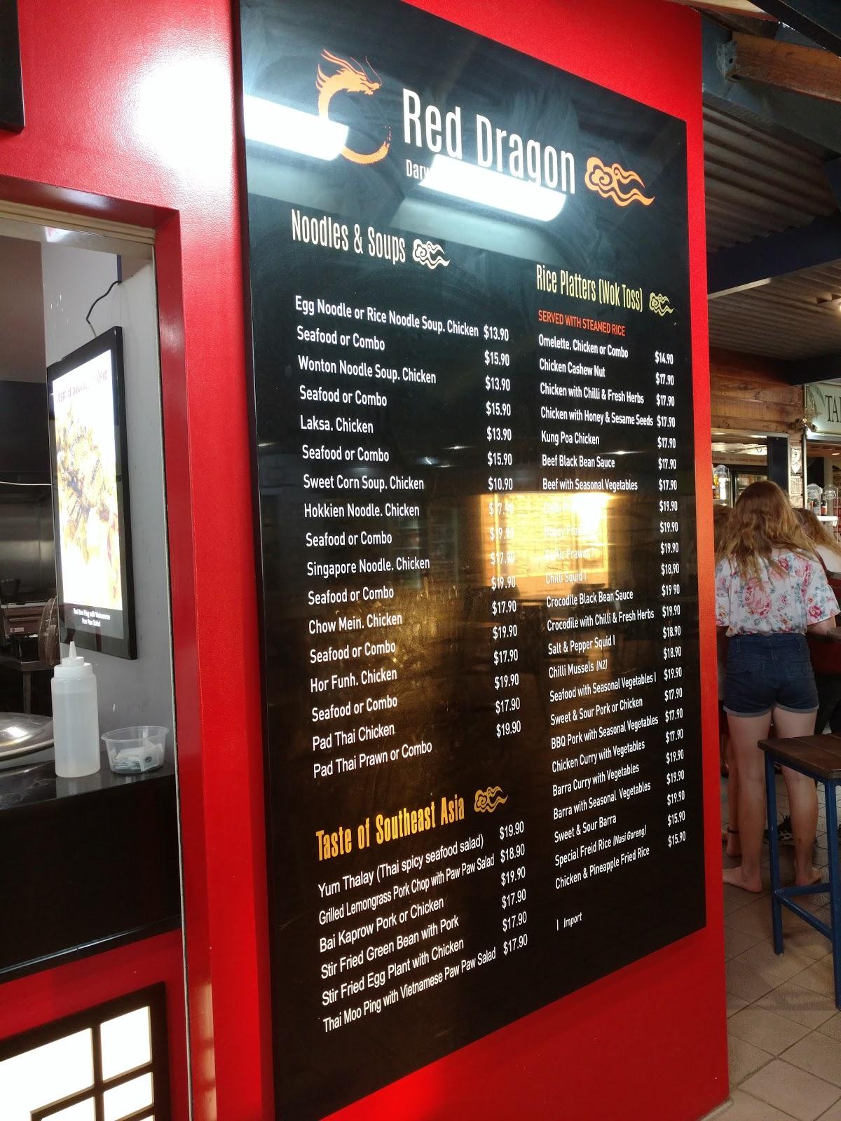 Menu at Red Dragon restaurant, Darwin City