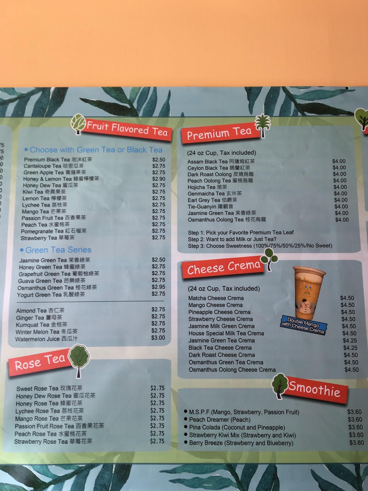 Menu at Tea Plus Tea Bar, San Francisco