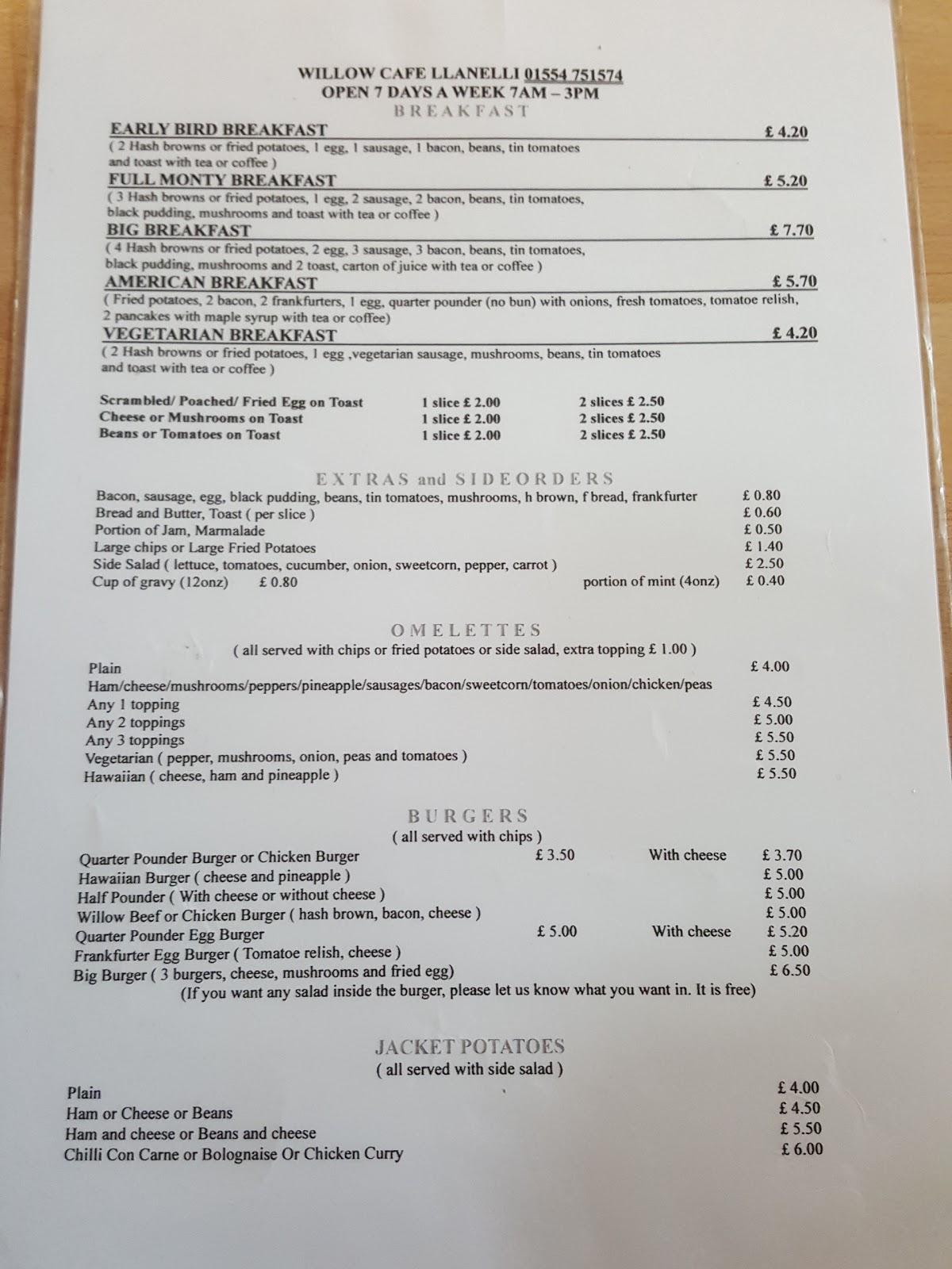 Menu at Willow Cafe, Llanelli