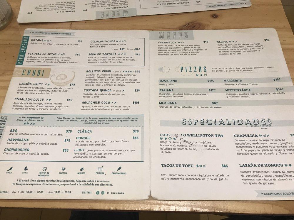Menu at Lúcuma restaurant, Guadalajara, Avenida de La Paz 2402