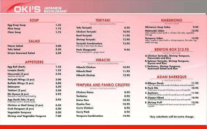 Menu at Oki's Japanese Restaurant, Havelock