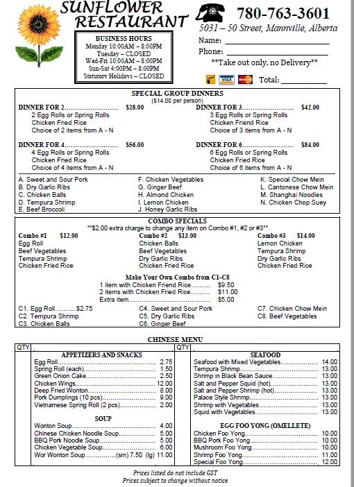 Menu at Sunflower Restaurant, Mannville