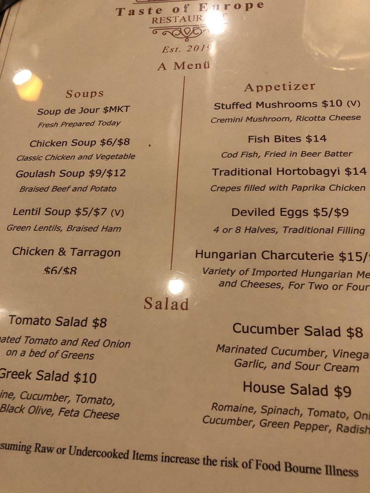 Menu at Taste of Europe restaurant, Hilton Head Island