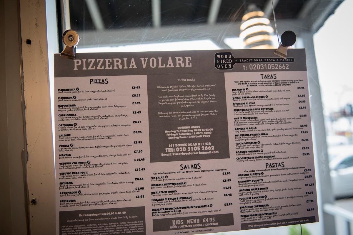 Menu at Volare restaurant, London, 167 Bowes Rd