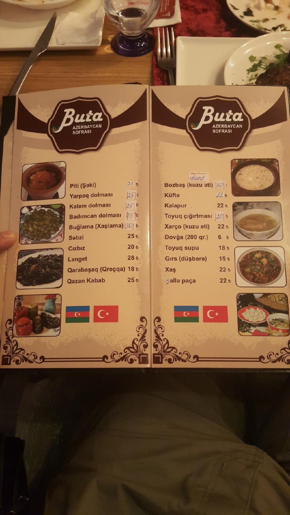 Menu at BUTA Azerbaycan Sofrasi, Istanbul