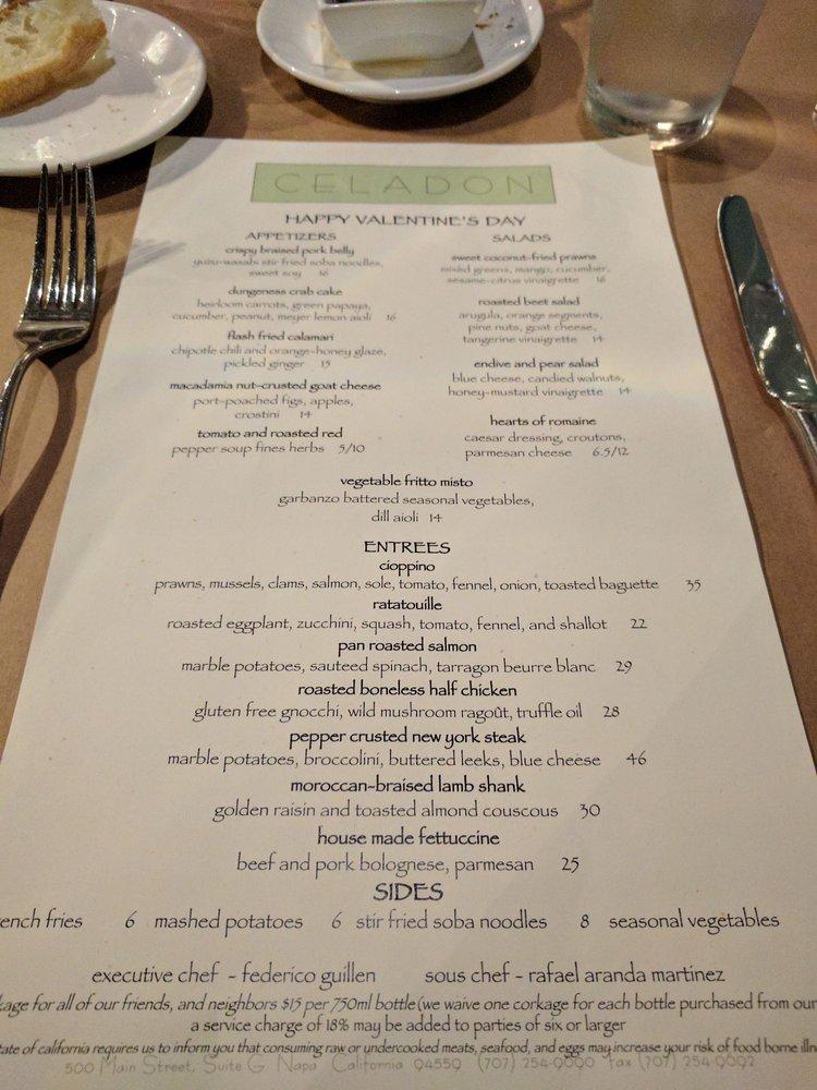 Menu at Celadon restaurant, Napa