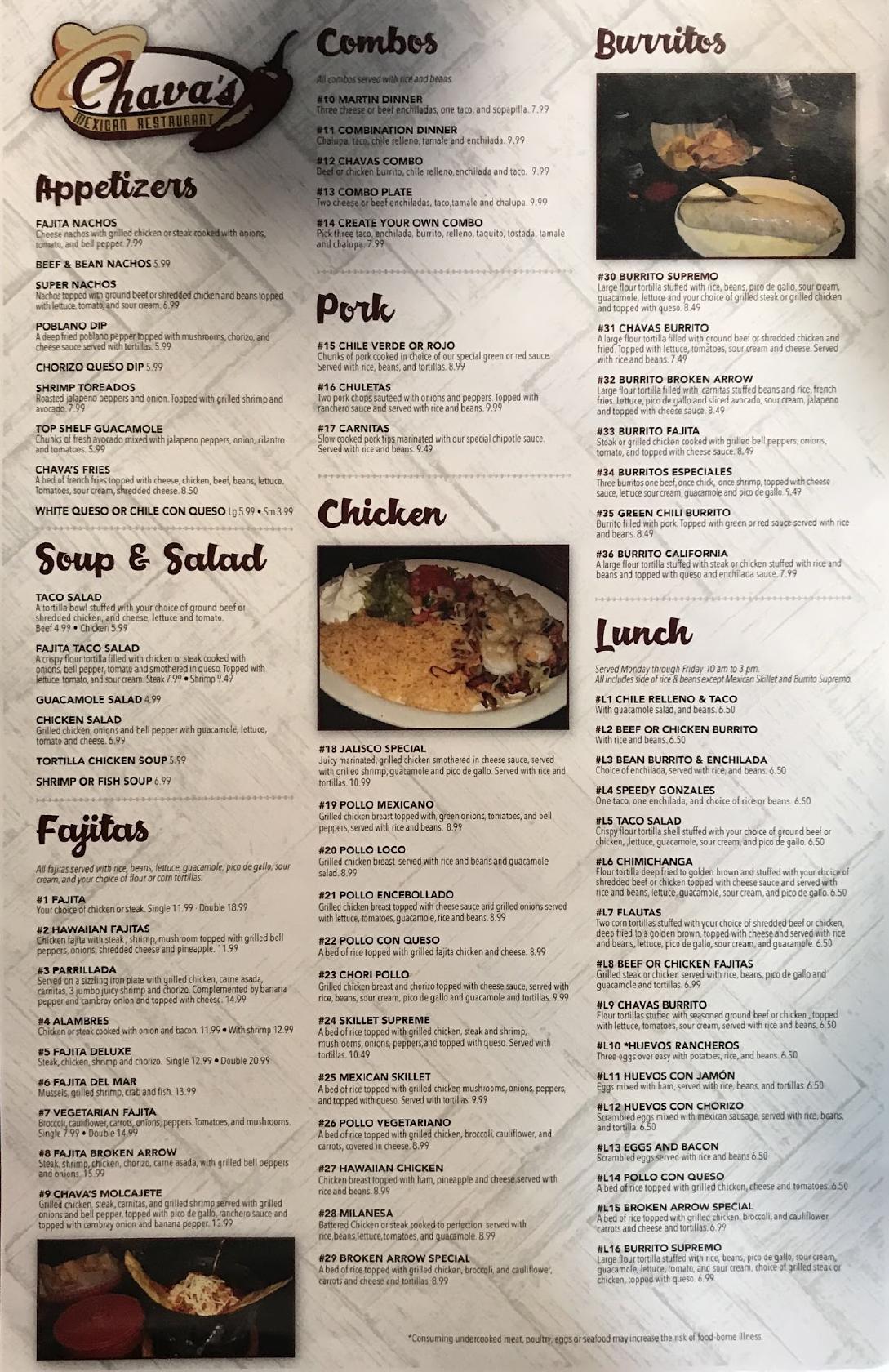 Menu at Chavas Mexican Restaurant, Broken Arrow