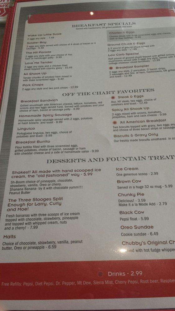 Menu at Chubby's Diner restaurant, Visalia